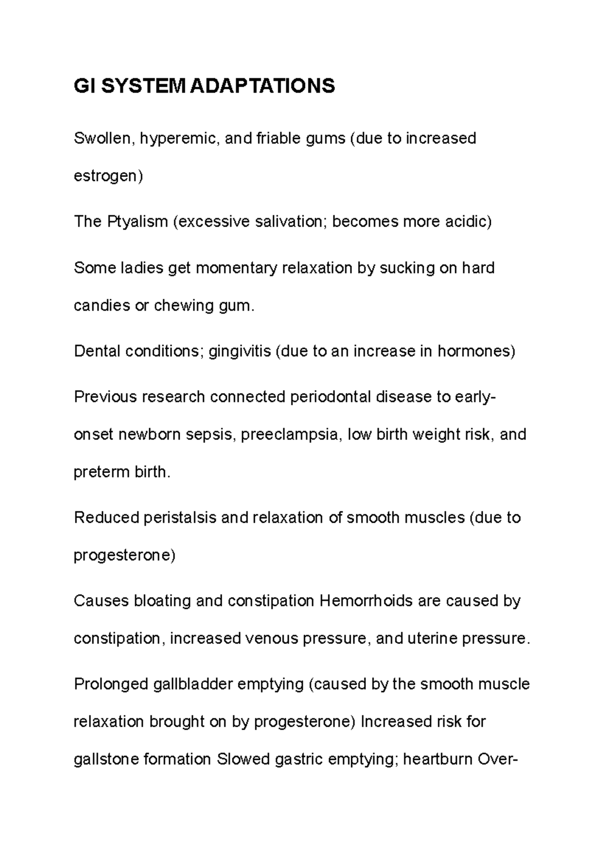 GI System Adaptations - Notes - GI SYSTEM ADAPTATIONS Swollen ...