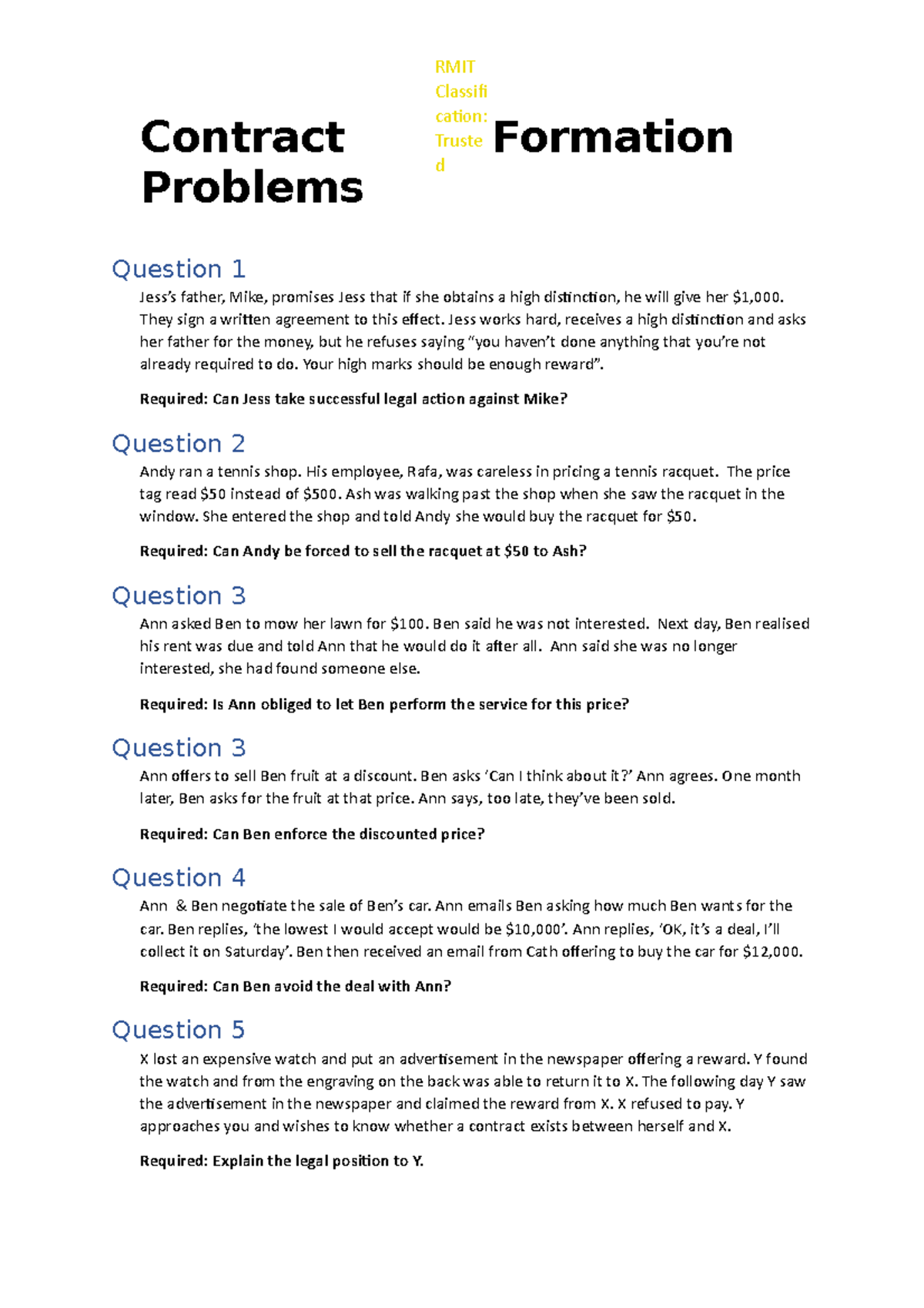 Contract Formation Tutorial Problems - Contract Formation Problems ...