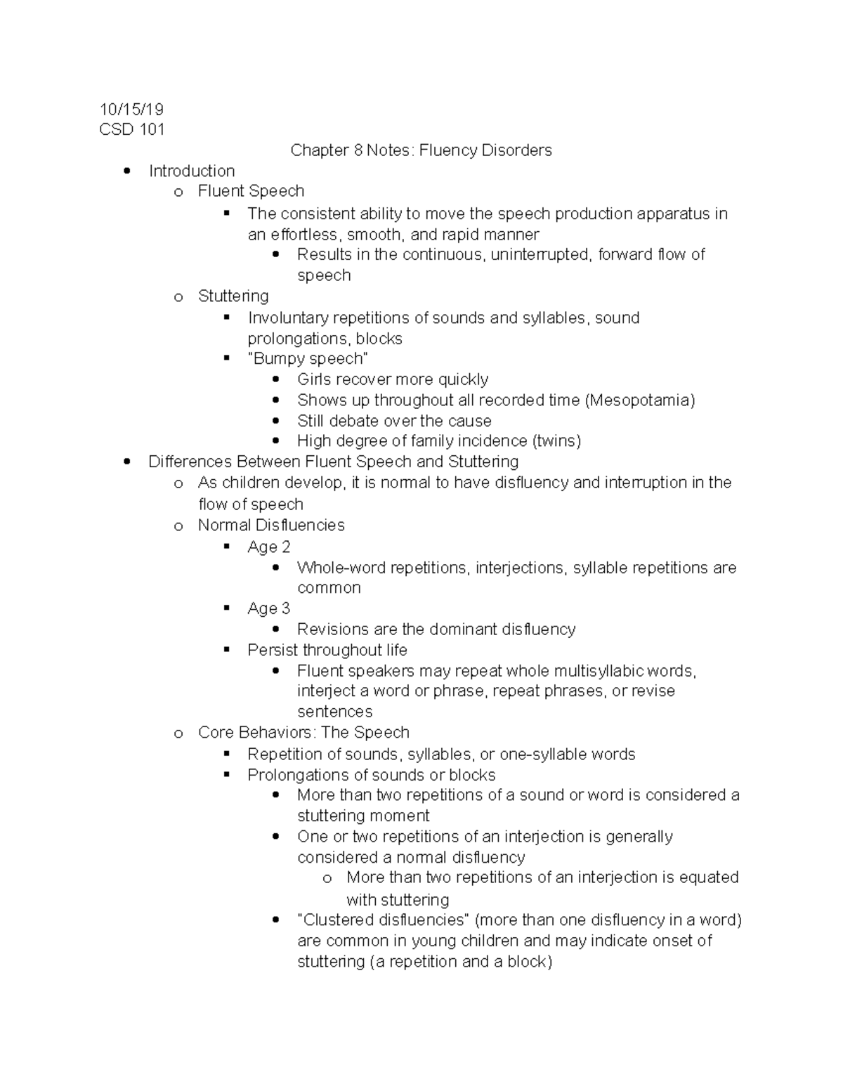 Chapter 8 Notes - 10/15/ CSD 101 Chapter 8 Notes: Fluency Disorders ...