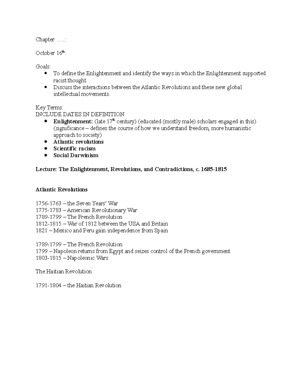 Notes Ch - The Enlightenment, Revolutions, and Contradictions 1685-1815 ...