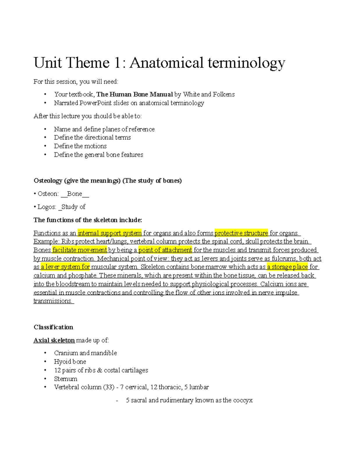 ANA 122 Anatomical terminology Student notes - Unit Theme 1: Anatomical ...