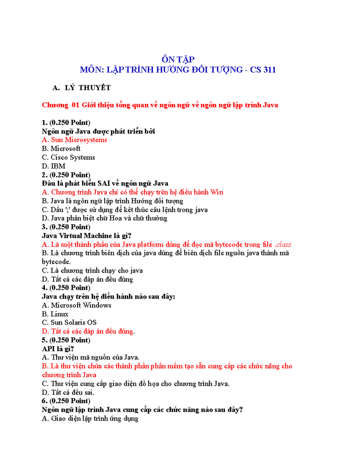 Ontap CS311 AO - 1234 - ÔN TẬP MÔN: LẬP TRÌNH HƯỚNG ĐỐI TƯỢNG - CS 311 A. LÝ THUYẾT Chương 01 ...