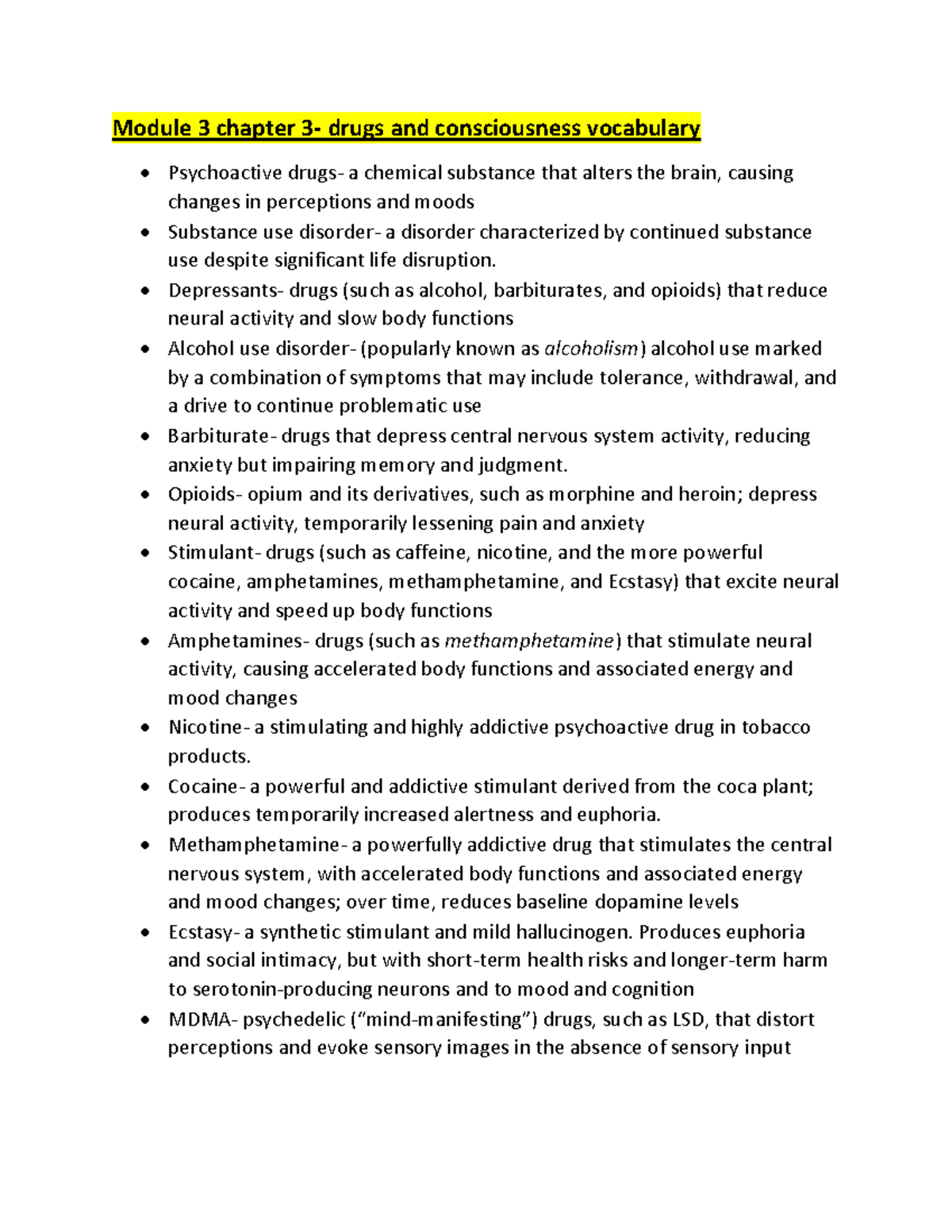 Module 3.3 Drugs and Consciousness Vocabulary - Module 3 chapter 3 ...