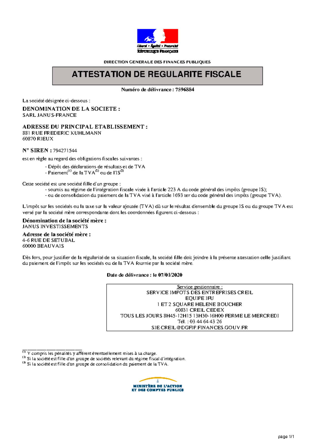 Janus- France Attestation- Fiscale-202001 07 - DIRECTION GENERALE DES ...