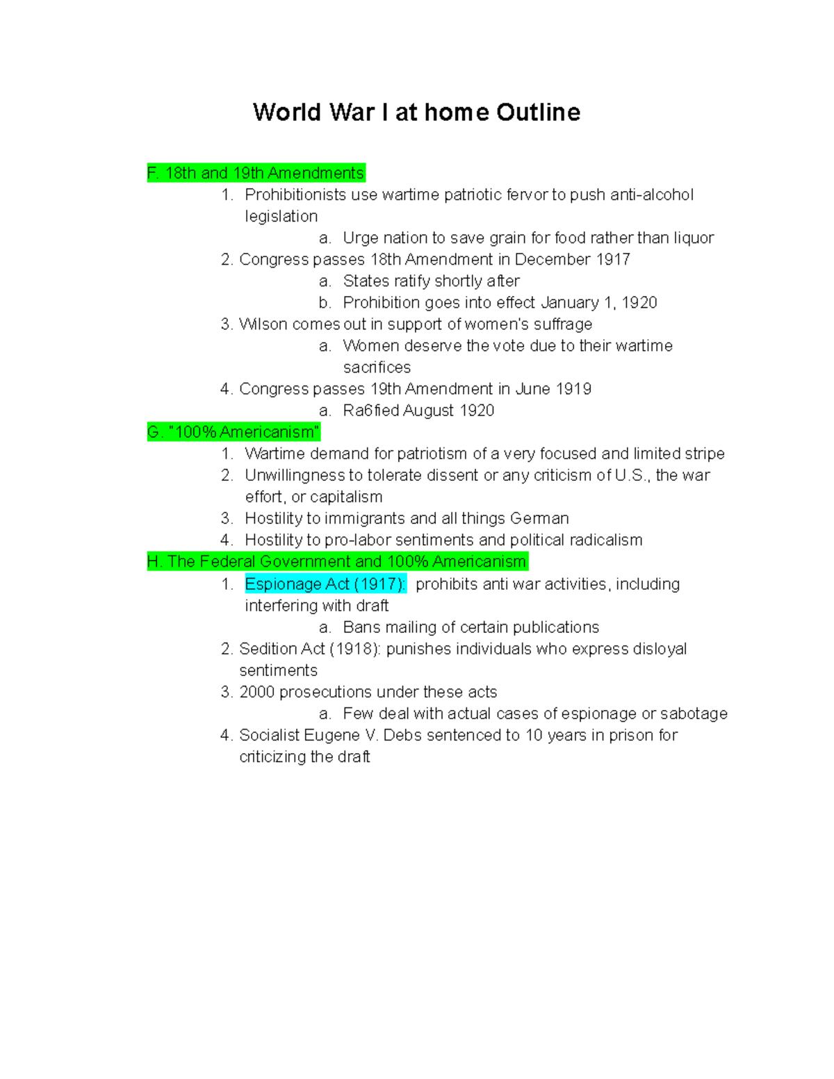 United States History since 1877-World War I at home Ouline Notes ...