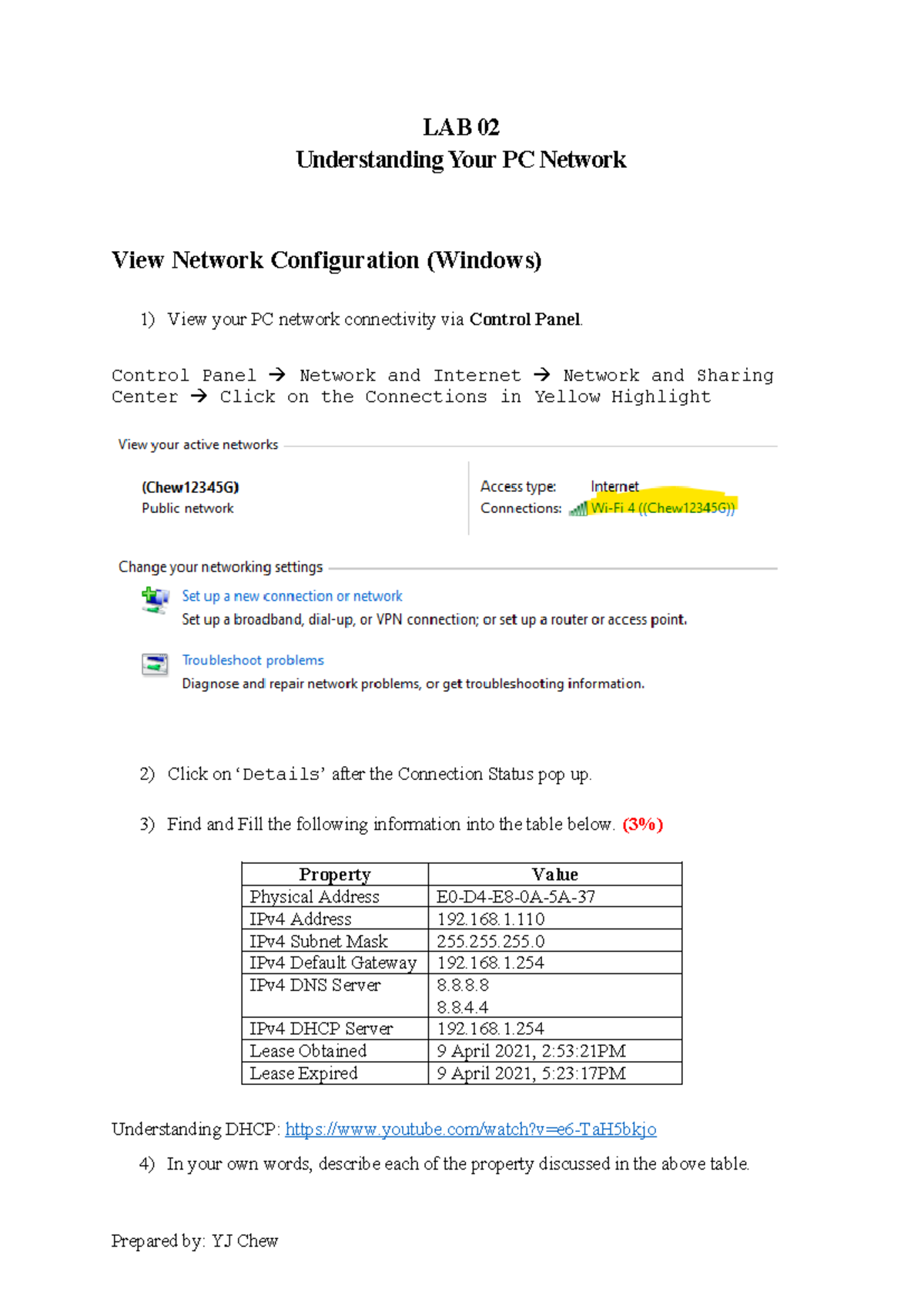 Lab02-Understanding Your PC Network-1 - LAB 02 Understanding Your PC Network View Network - Studocu