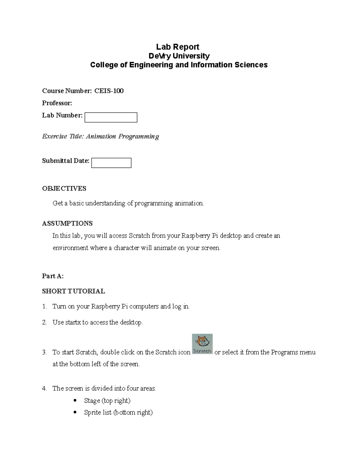 CEIS100 W6 Lab Report(scratch) - Lab Report DeVry University College of Engineering and ...
