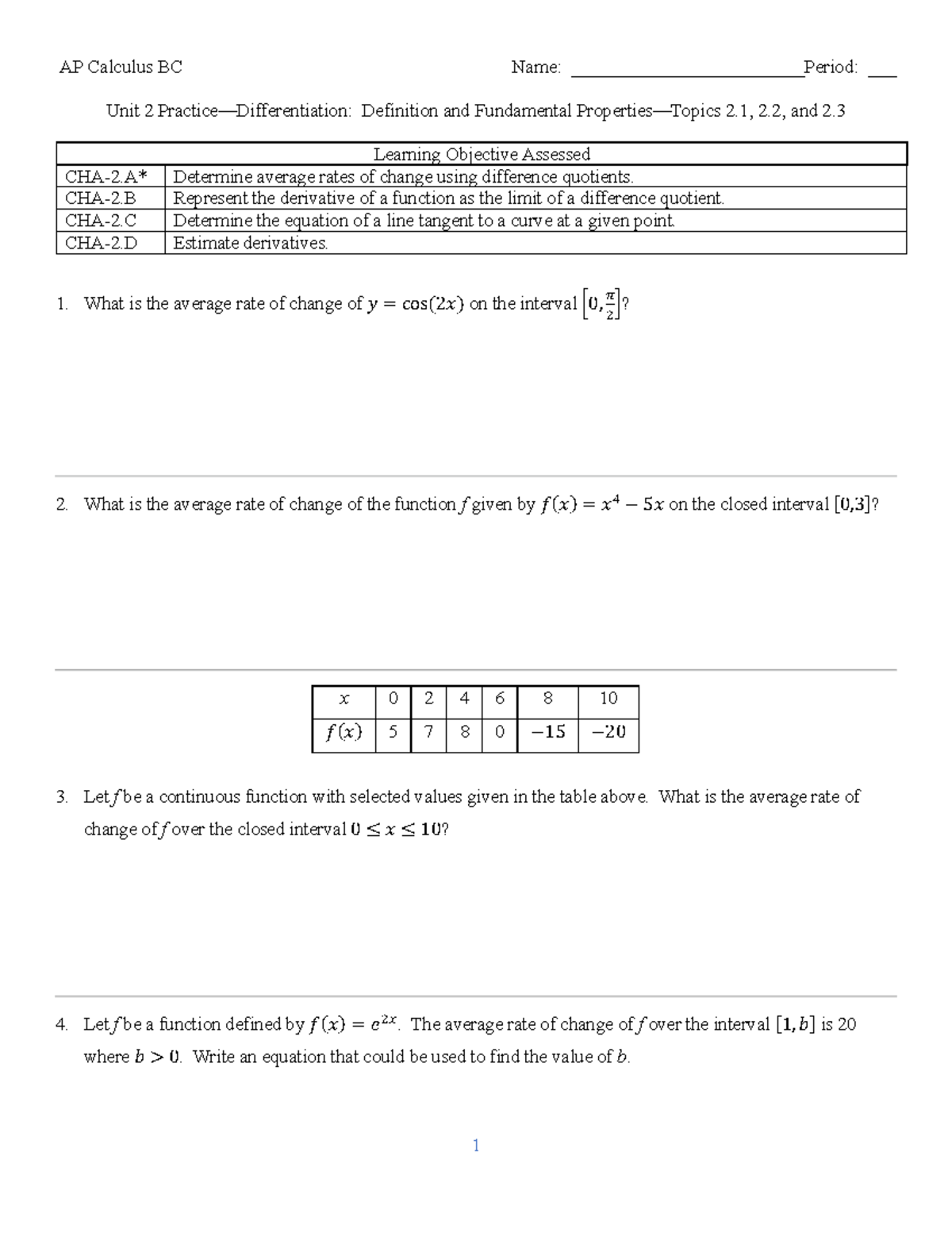 0.90 Unit 2 Practice-Differentiation- Definition and Fundamental ...