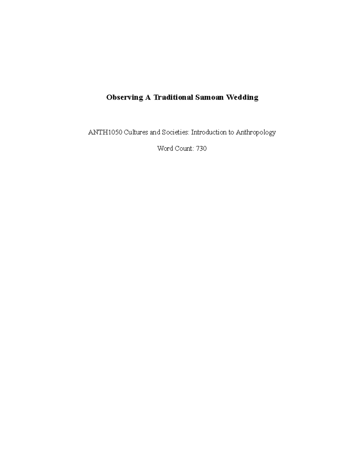 ANTH1050 Short Essay - Observing A Traditional Samoan Wedding ANTH1050 ...