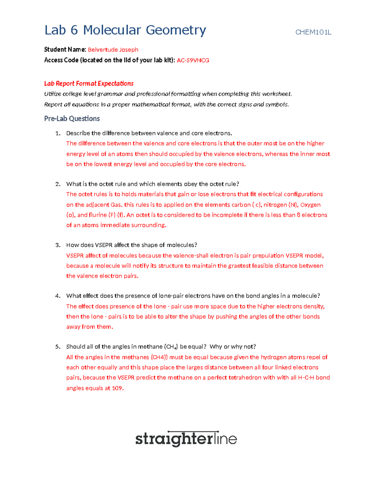 CHEM101L Lab 6 - Chemistry lab - Student Name: Belvertude Joseph Access ...