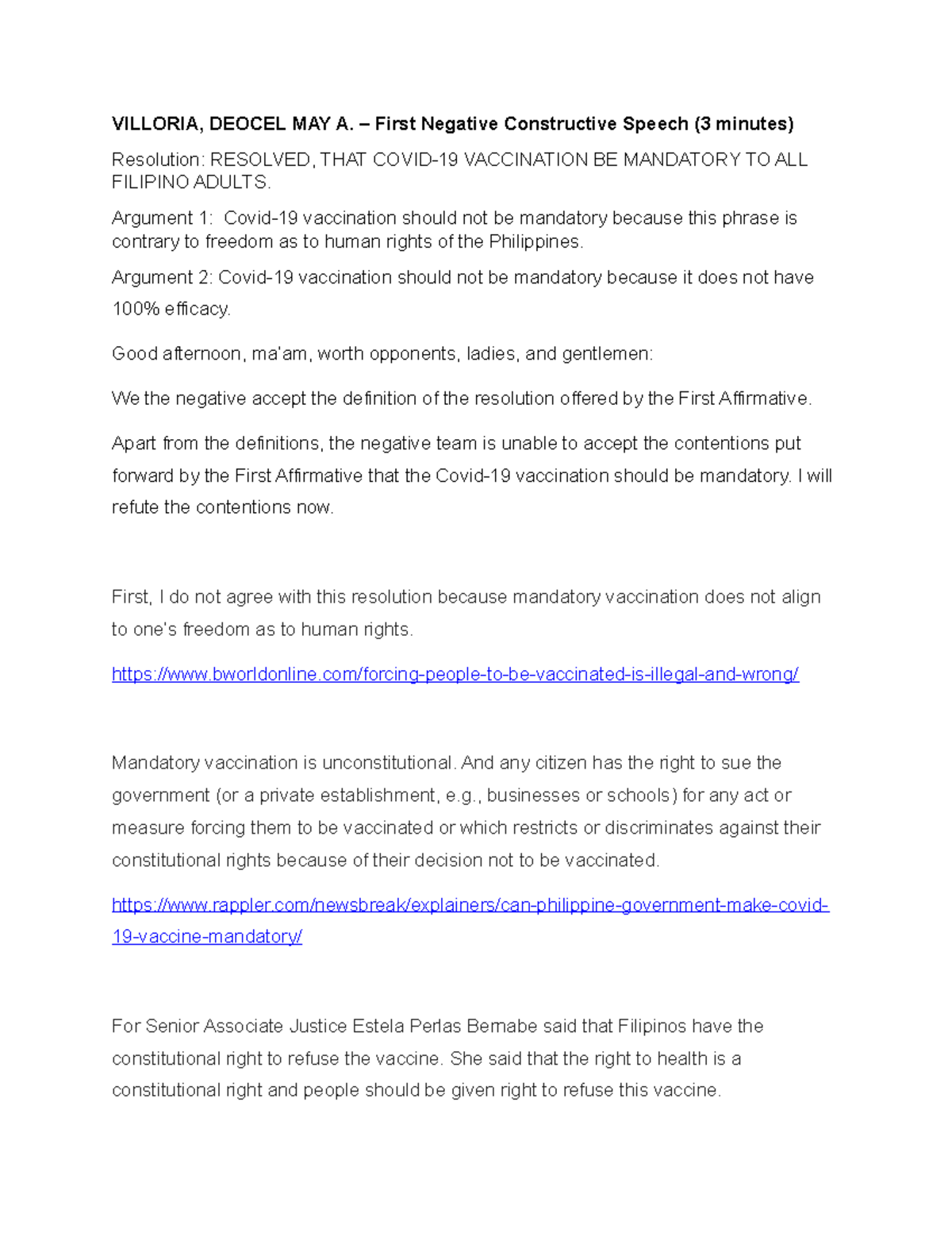 Speech Final Debate - wsdsf - VILLORIA, DEOCEL MAY A. – First Negative ...