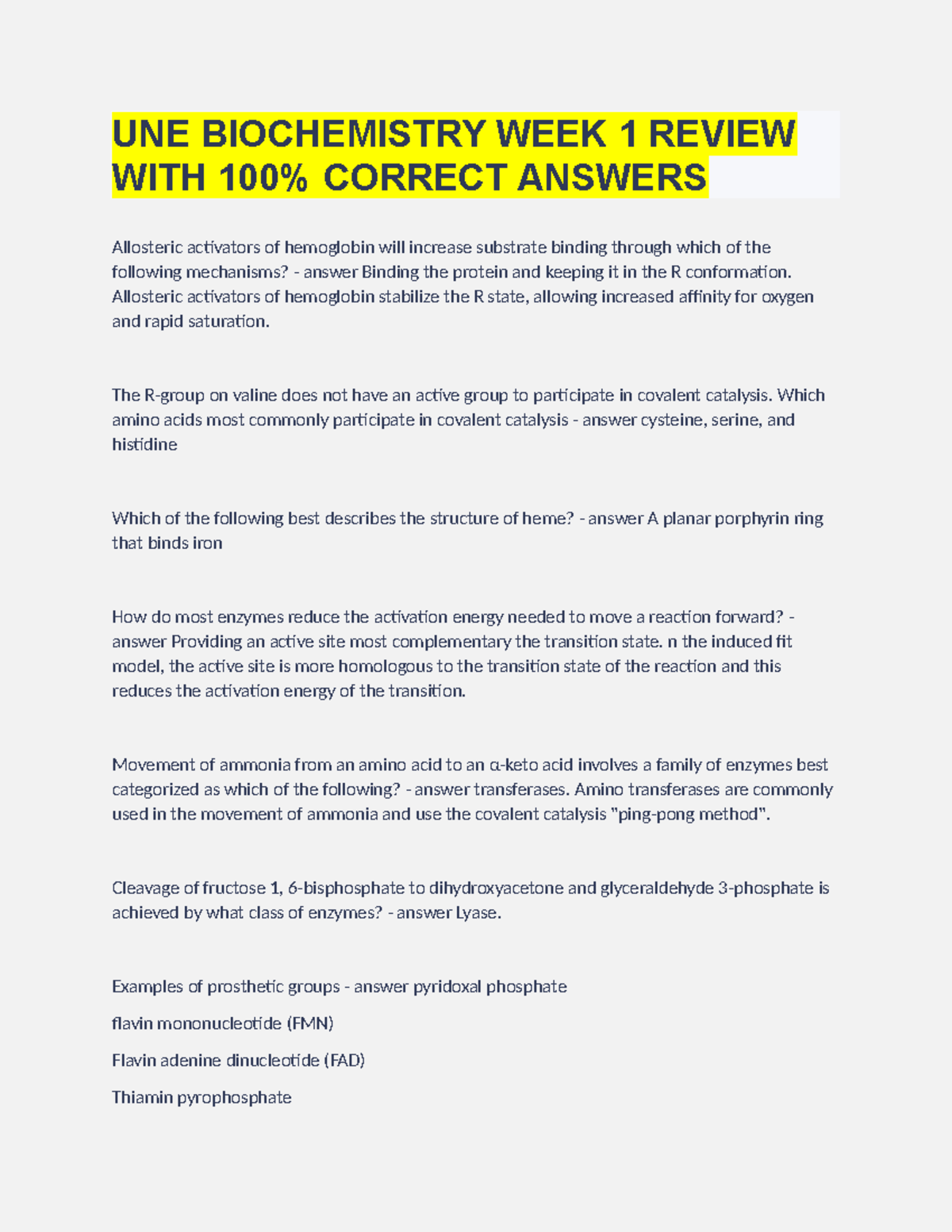 UNE Biochemistry WEEK 1 Review WITH 100% Correct Answers - UNE ...