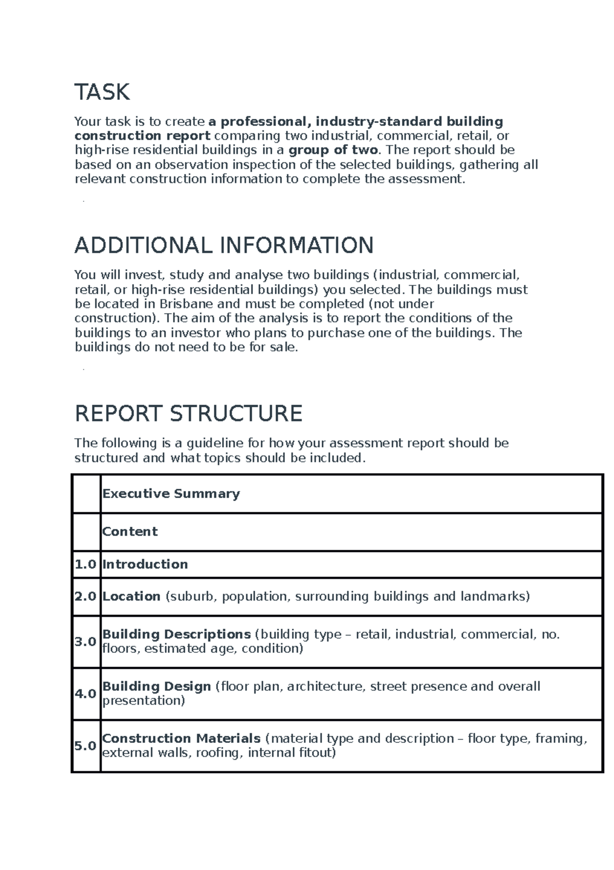 Construction assesssment - TASK Your task is to create a professional ...