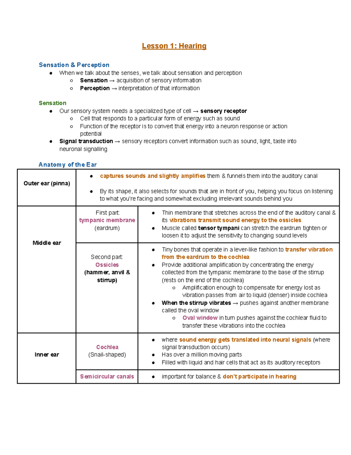 Unit 3 (Lesson 1-5) - Lesson 1: Hearing Sensation & Perception When we ...