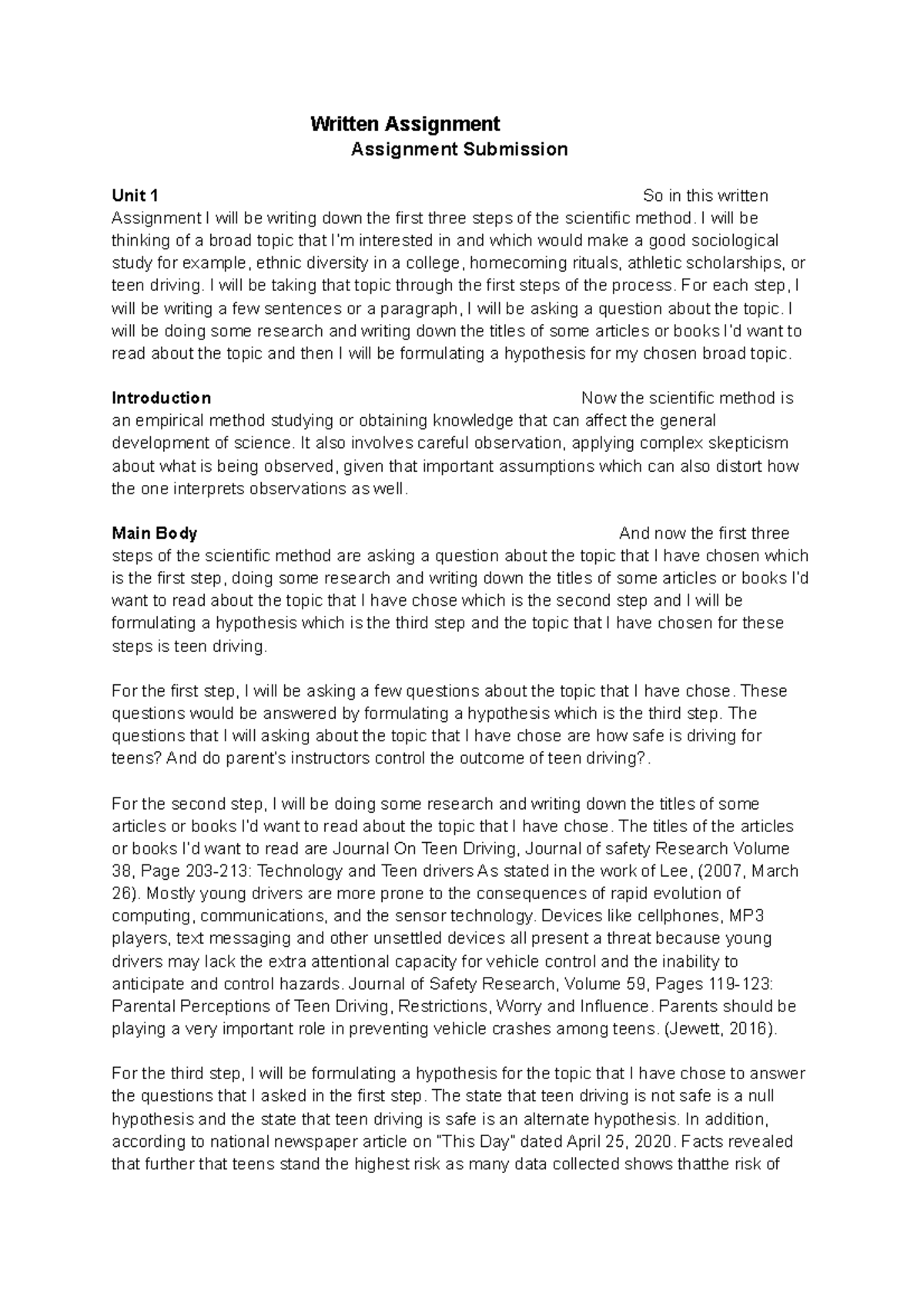 Teen Driving - Written Assignment unit 1- Write down the first three ...