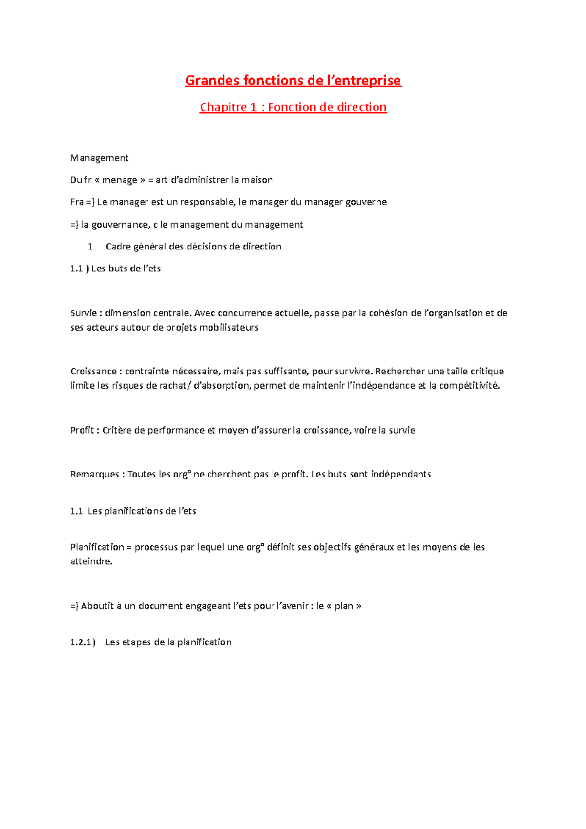 GFE Chap 1 Fonction de direction - Grandes fonctions de l’entreprise Chapitre 1 : Fonction de ...
