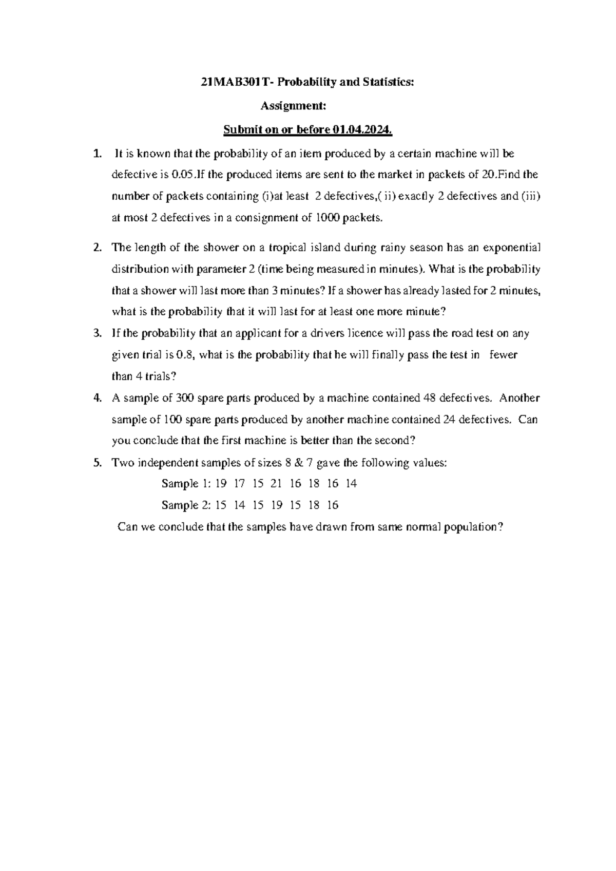 21MAB301T- LLT-Assignment - 21MAB301T- Probability and Statistics: Assignment: Submit on or ...