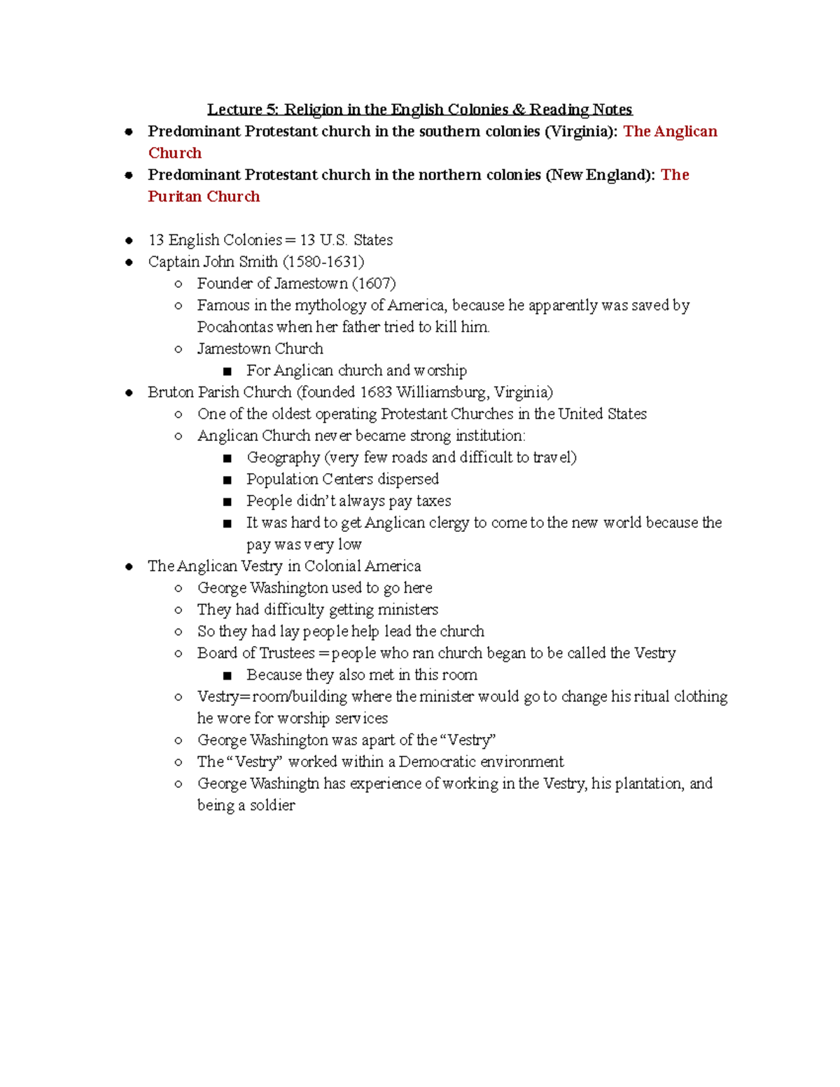 Lecture 5 Reading Notes - Lecture 5: Religion in the English Colonies ...