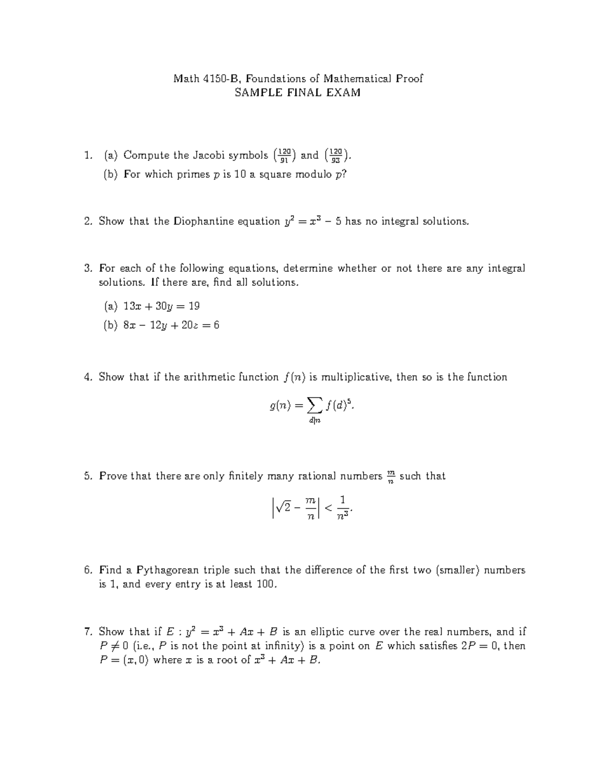 Sample Final Exam - Math 4150-B, Foundations of Mathematical Proof ...