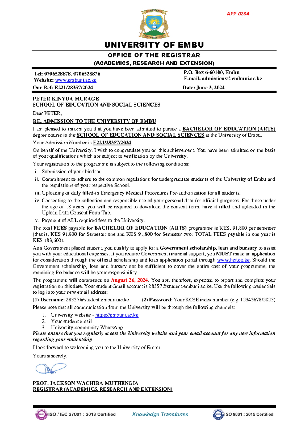 092241050162023 Admission Letter - Knowledge Transforms UNIVERSITY OF ...