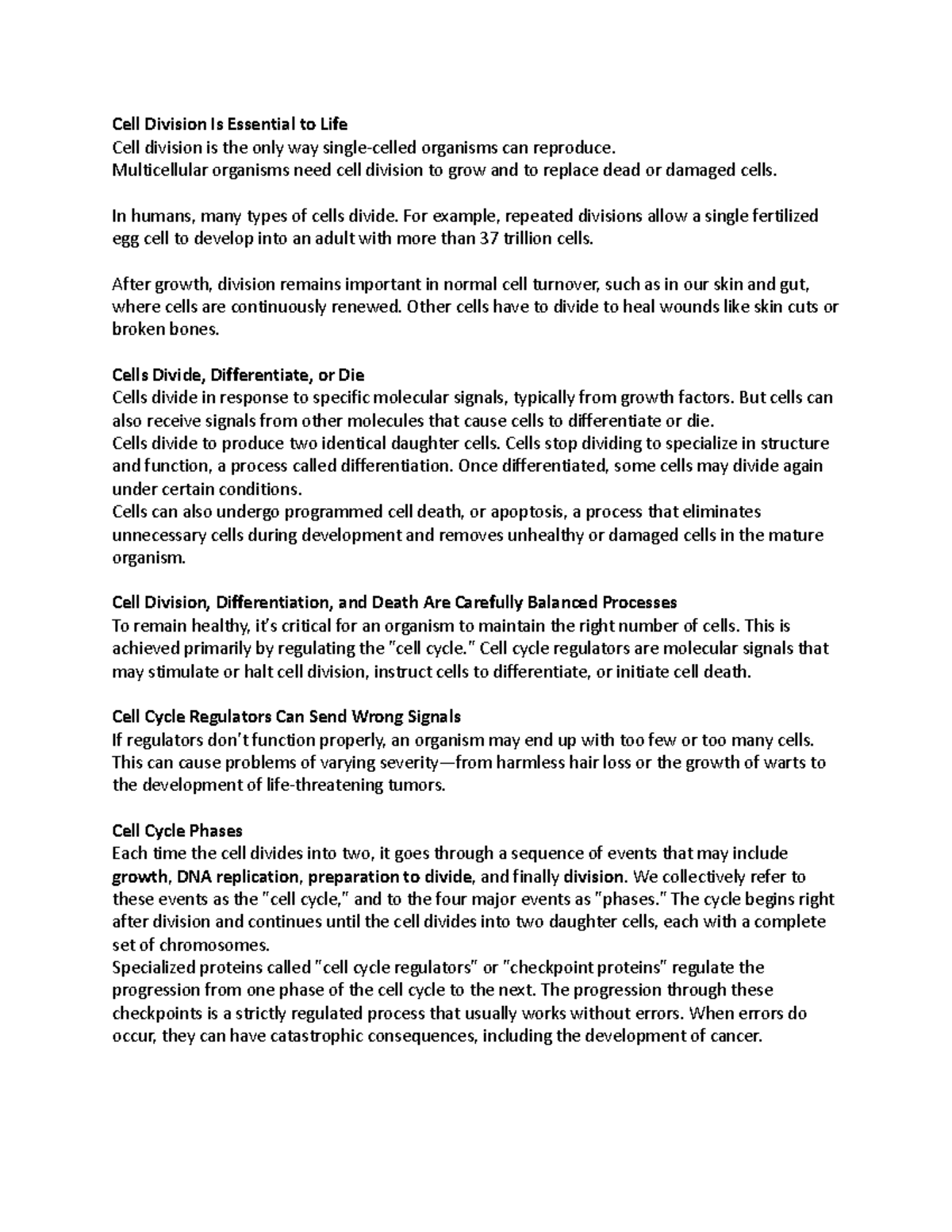 Cell Division Is Essential to Life - Multicellular organisms need cell ...