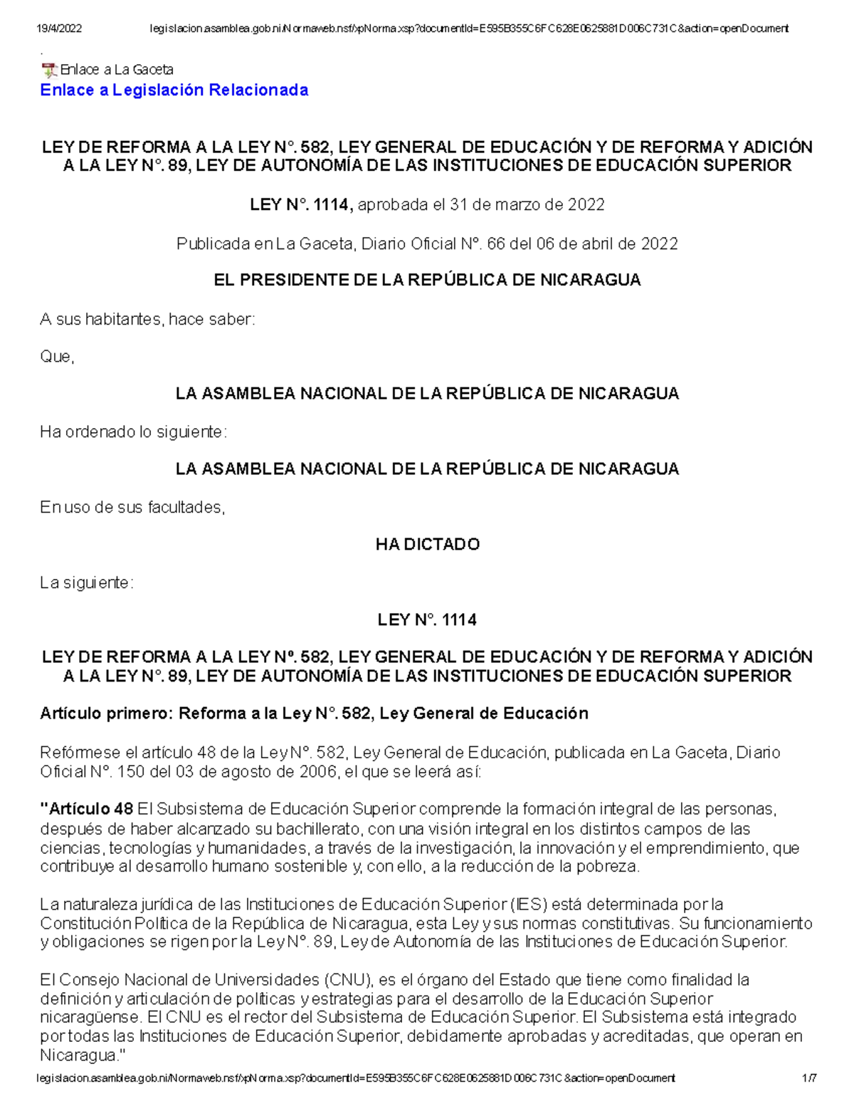 Ley 1 1 14 - Derecho Administrativo - . Enlace a La Gaceta Enlace a ...