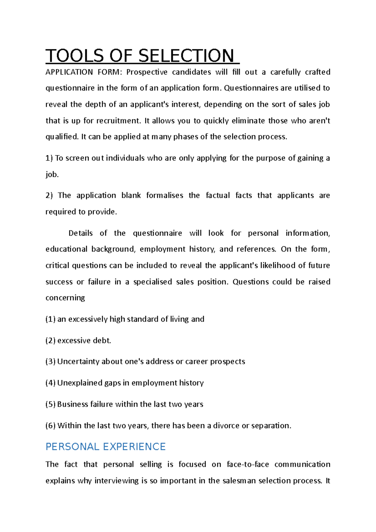 Tools OF Selection - APPLICATION FORM: Prospective candidates will fill ...