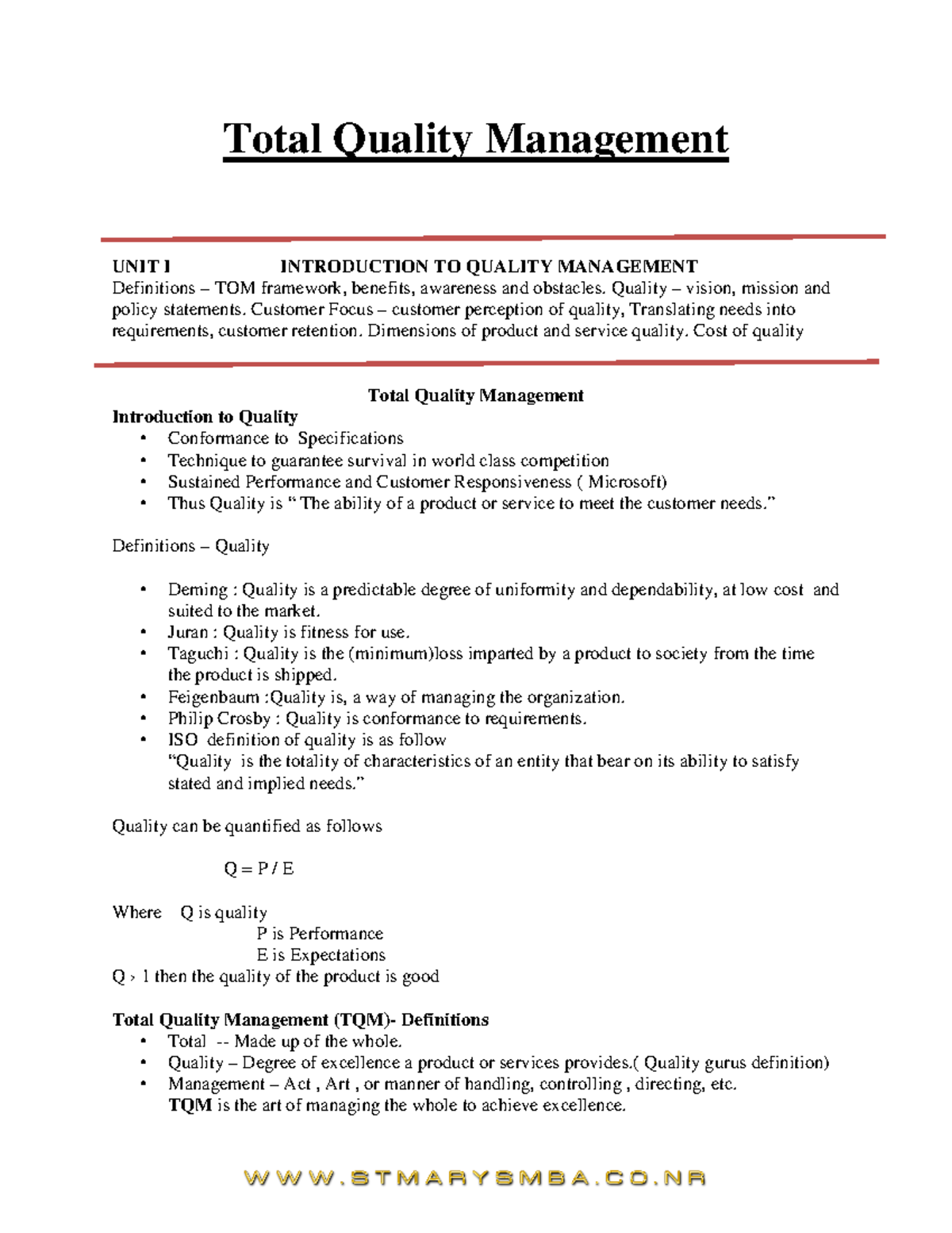 QM UNIT I Notes - Nil - Total Quality Management UNIT I INTRODUCTION TO ... QM UNIT I Notes - Nil - Total Quality Management UNIT I INTRODUCTION TO ...