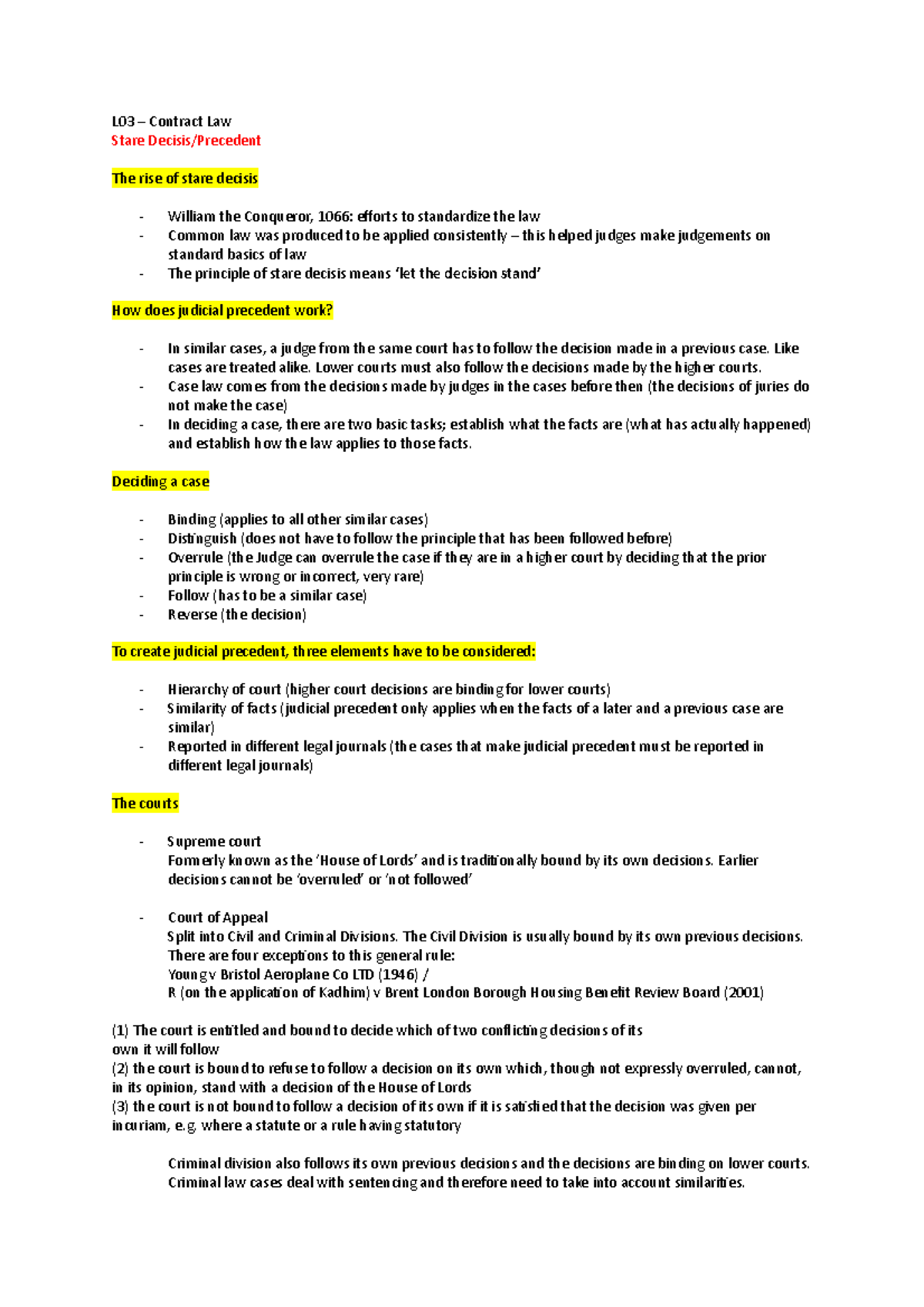 L03 Stare Decisis Precedent L03 Contract Law Stare Decisis