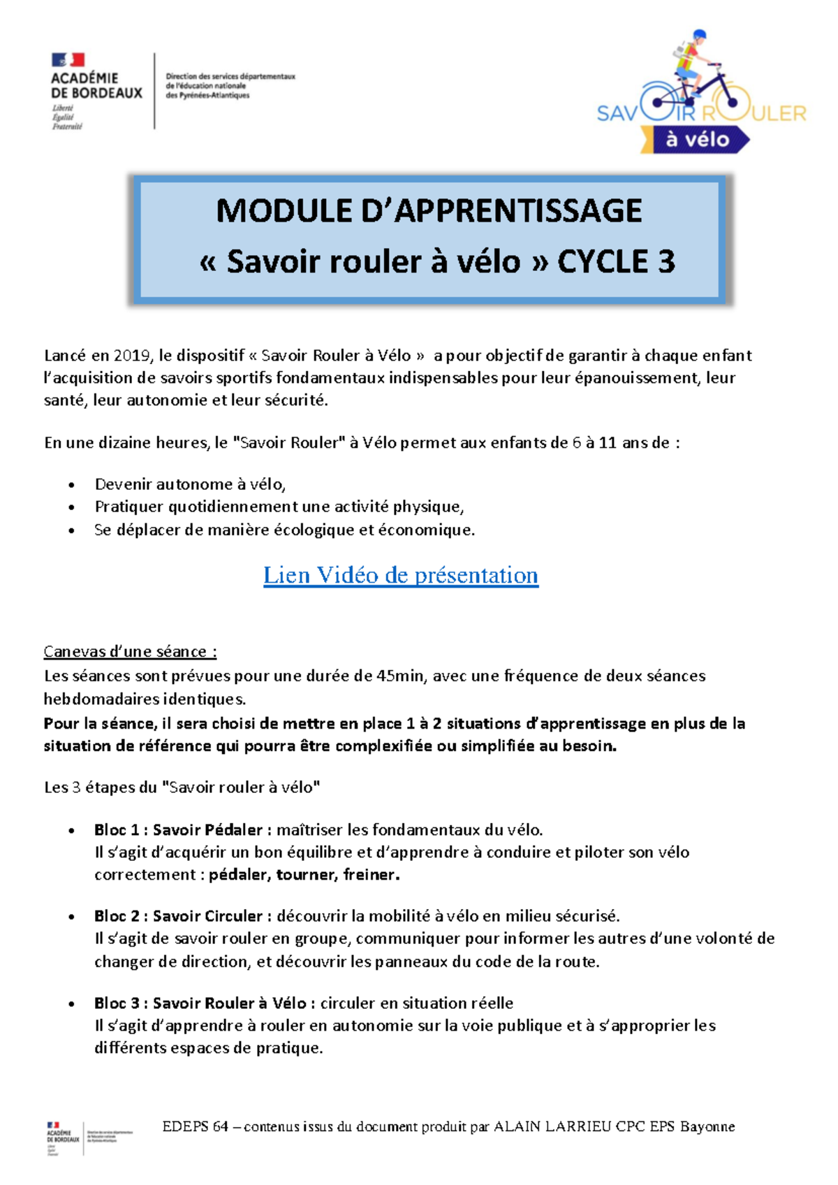 Module savoir rouler à vélo Cycle 3 - Lancé en 2019, le dispositif « Savoir Rouler à Vélo » a ...