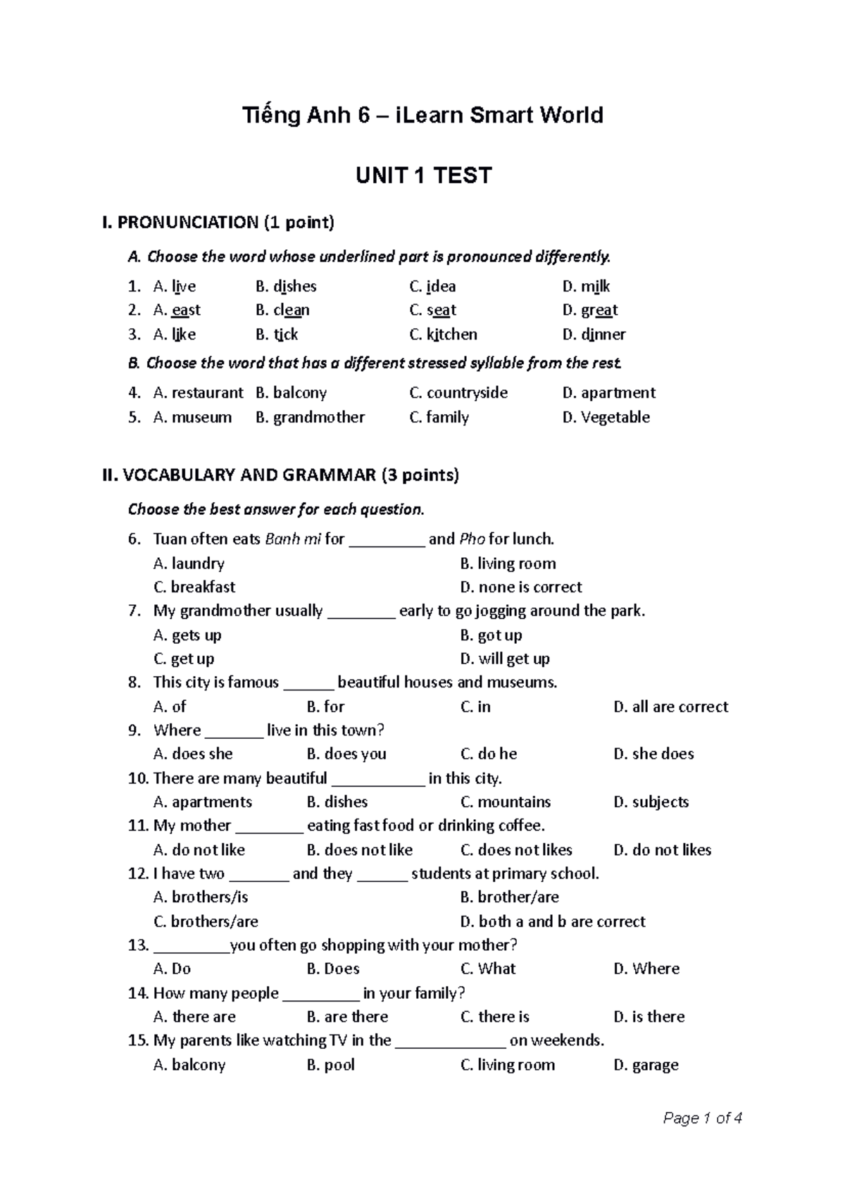 Tiếng Anh 6 Smart World - Unit 1 Test - Tiếng Anh 6 – iLearn Smart ...