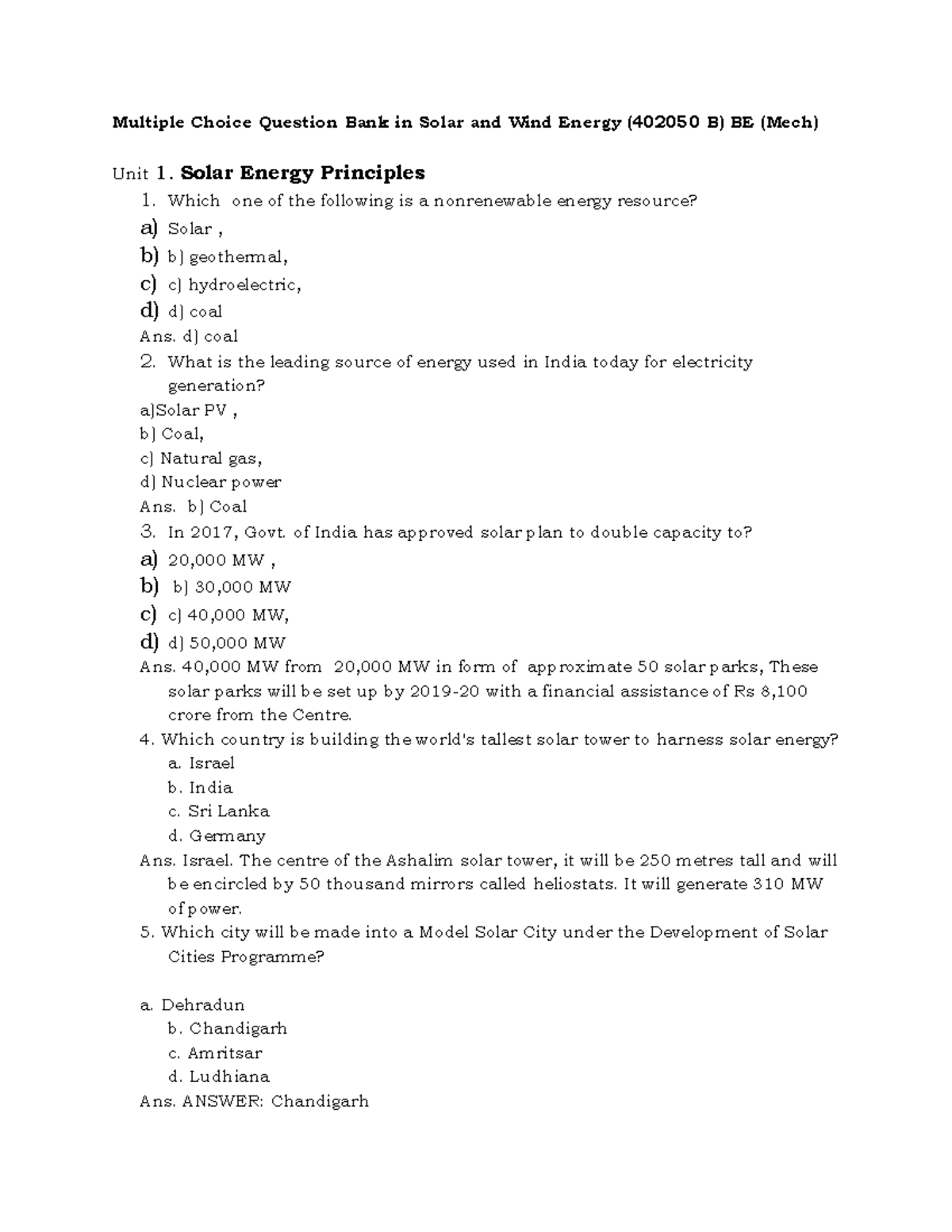 Solar final - Multiple Choice Question Bank in Solar and Wind Energy ...