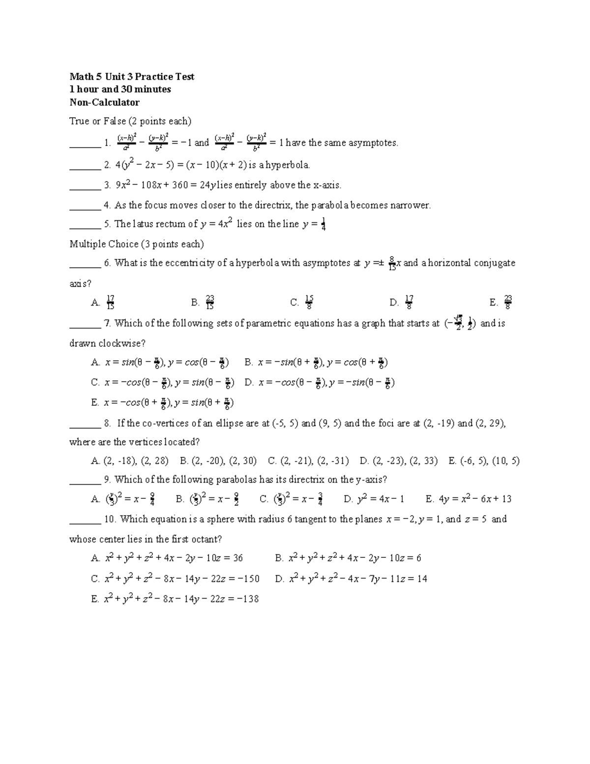 Math 5 Unit 3 Practice - Math 5 Unit 3 Practice Test 1 hour and 30 ...