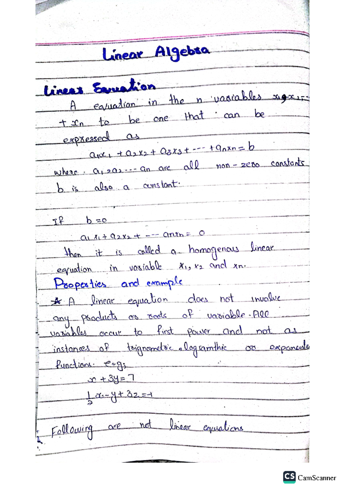 Linear Algebra Notes From Book - CamScanner CamScanner - Studocu