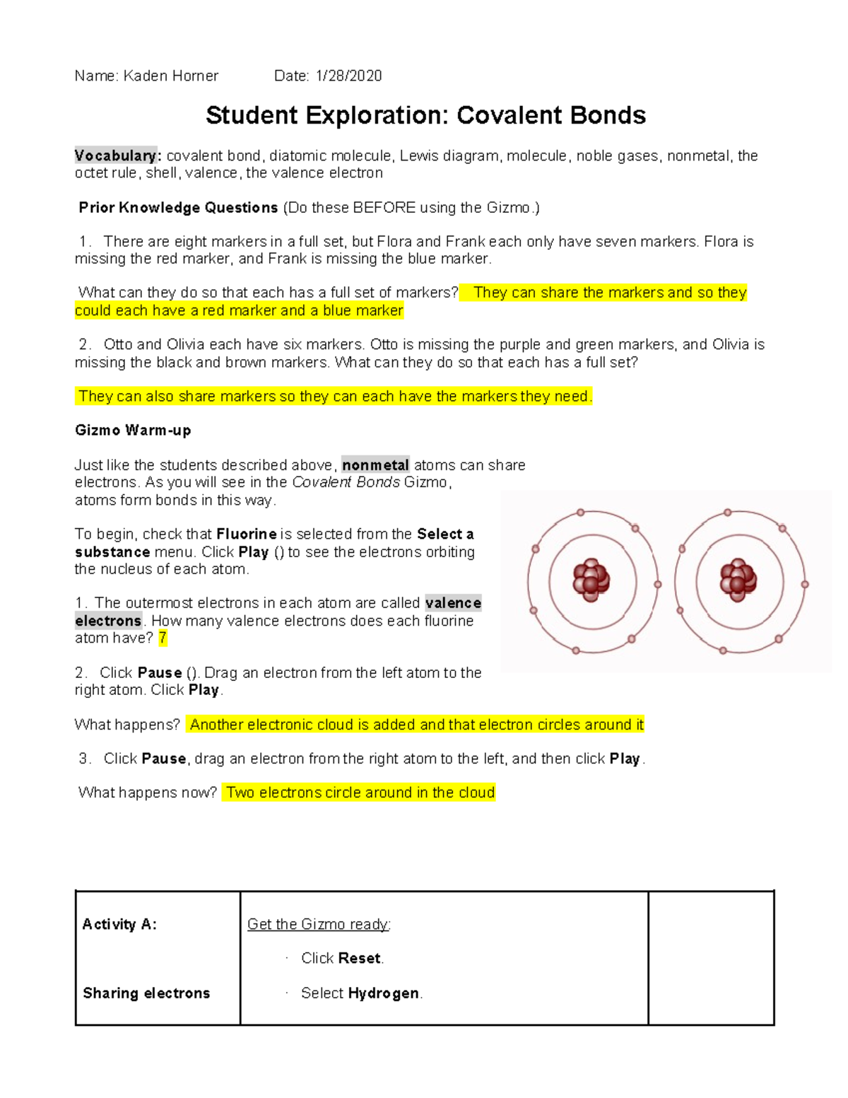 Covalent Bonding Gizmo - Name: Kaden Horner Date: 1/28/ Student ...