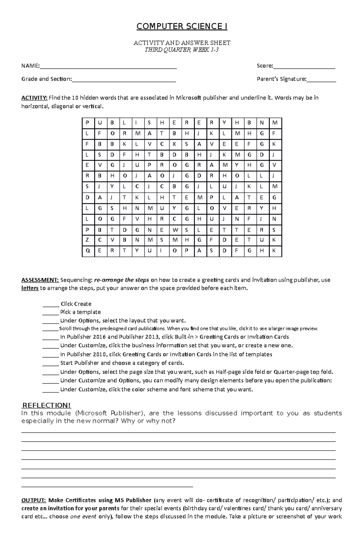 LAS-3q-w123 - SORRY - COMPUTER SCIENCE I ACTIVITY AND ANSWER SHEET ...