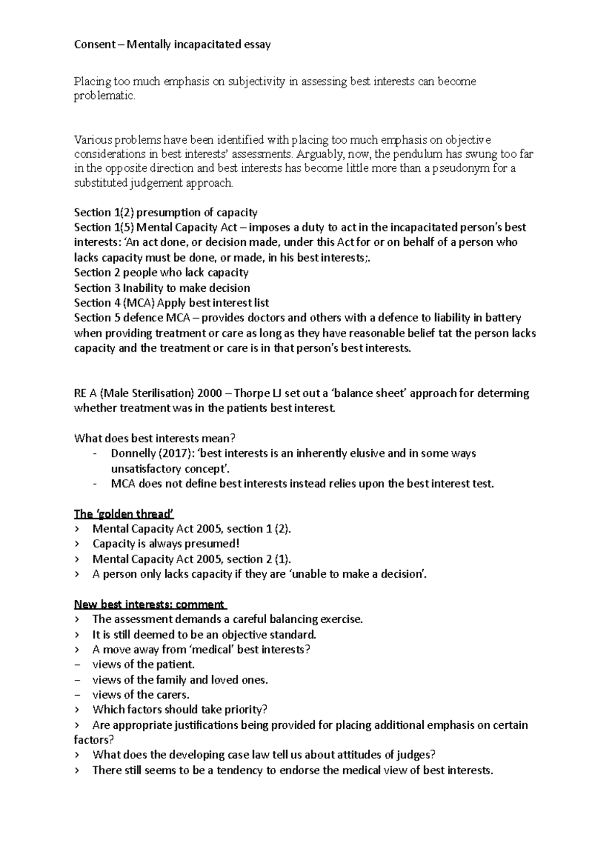 Mentally incapacitated (best interests) - Consent – Mentally ...