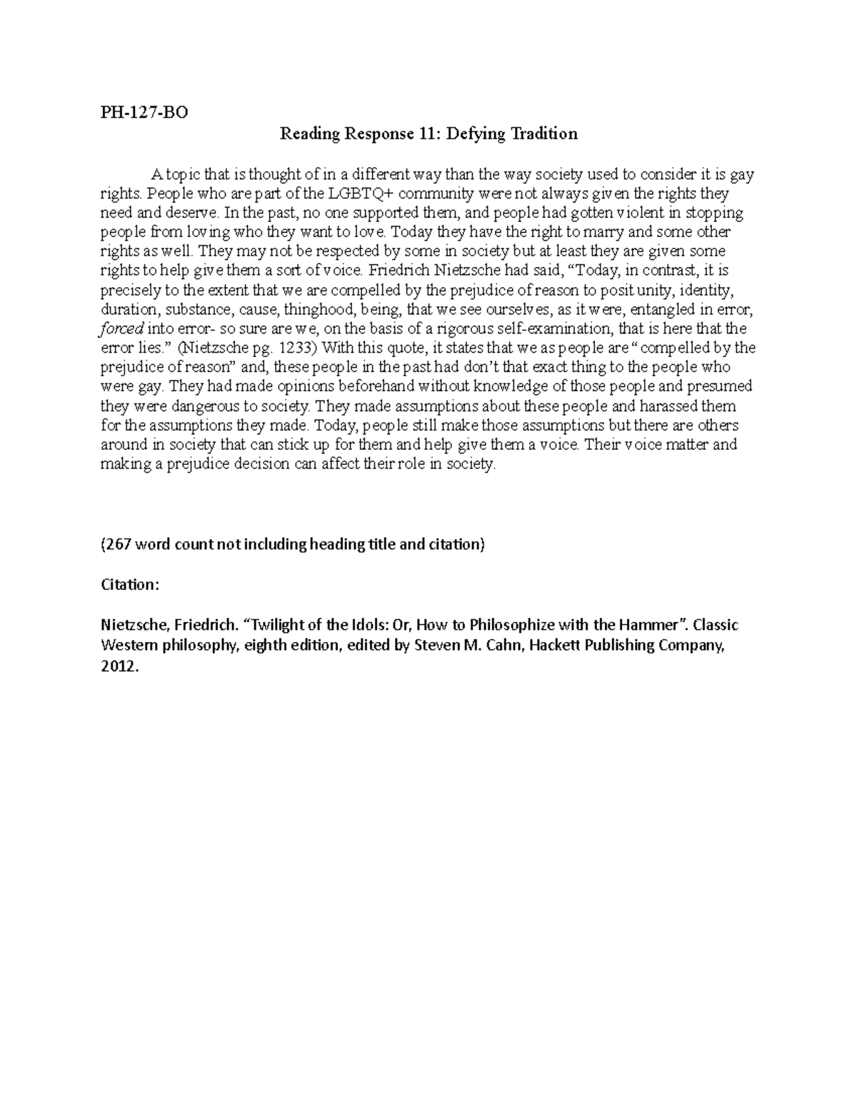 PH-127- Reading Response 11 - PH-127-BO Reading Response 11: Defying ...