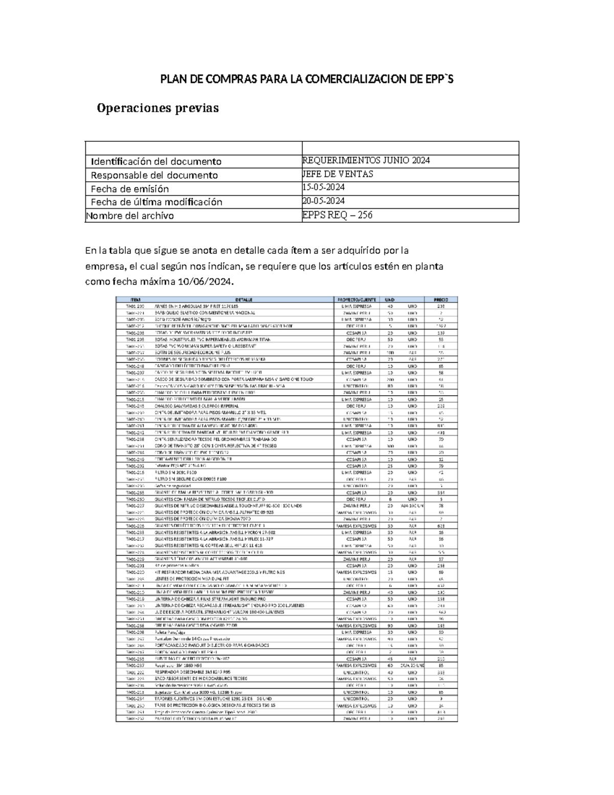 PLAN DE Compras PARA LA Comercializacion DE EPP - PLAN DE COMPRAS PARA LA COMERCIALIZACION DE ...