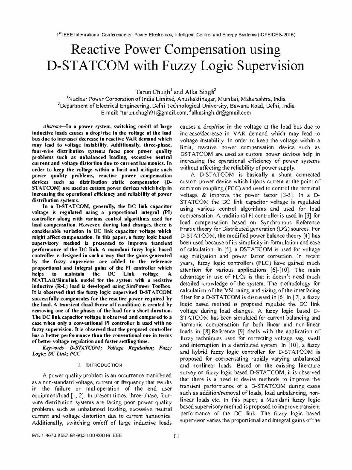Paper 5 - Power flow analysis - Reactive Power Compensation using D-STATCOM with Fuzzy Logic ...