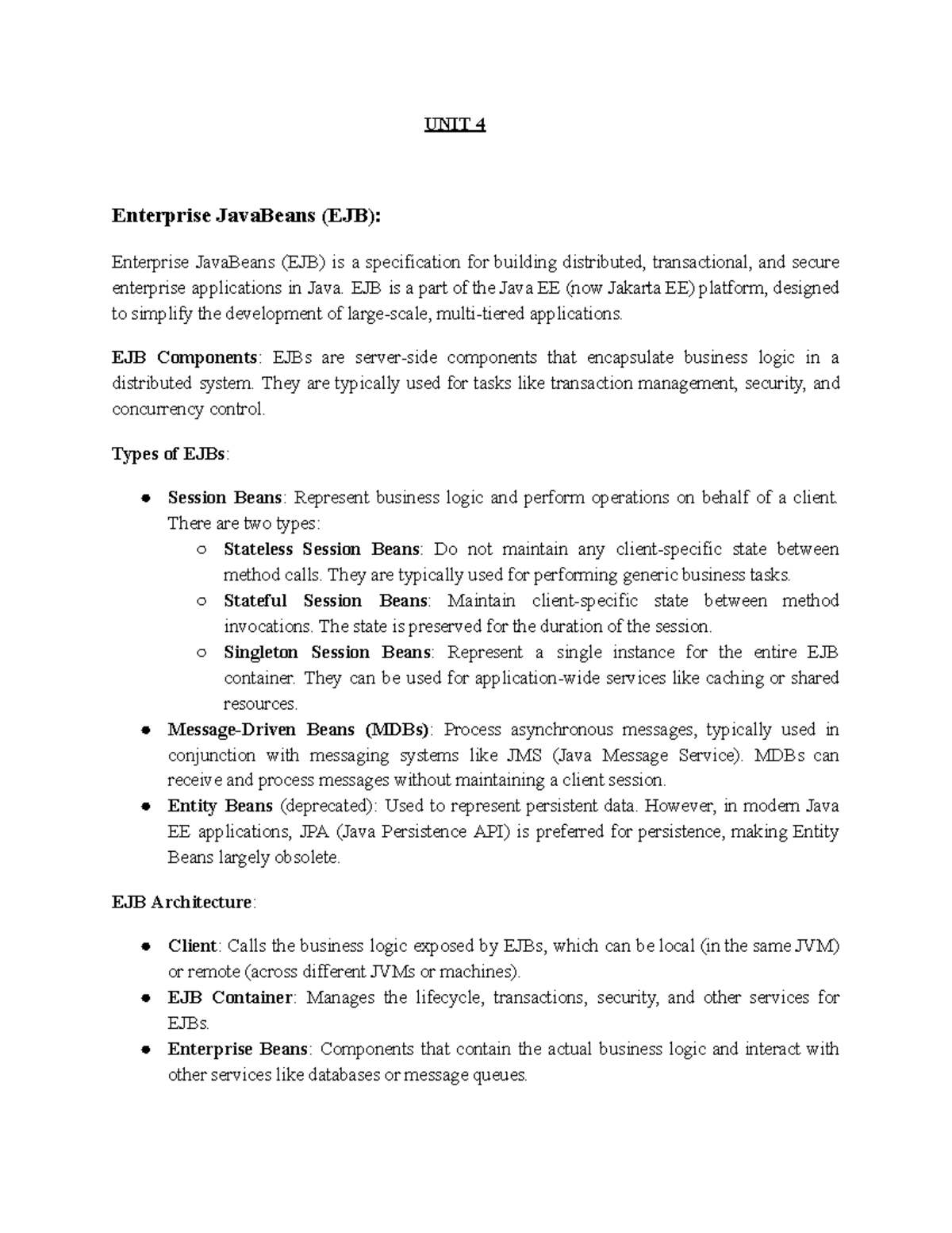 Unit 4 Web tech - Web tech unit 4 - UNIT 4 Enterprise JavaBeans (EJB): Enterprise JavaBeans (EJB ...