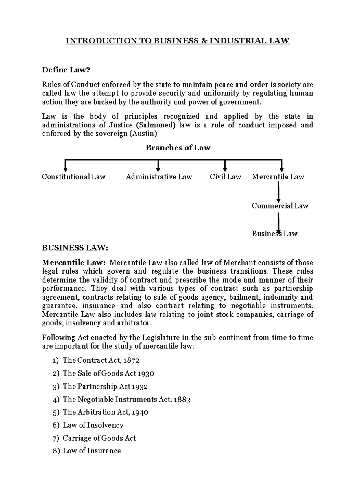 1. Define Law and Contracts - INTRODUCTION TO BUSINESS & INDUSTRIAL LAW ...