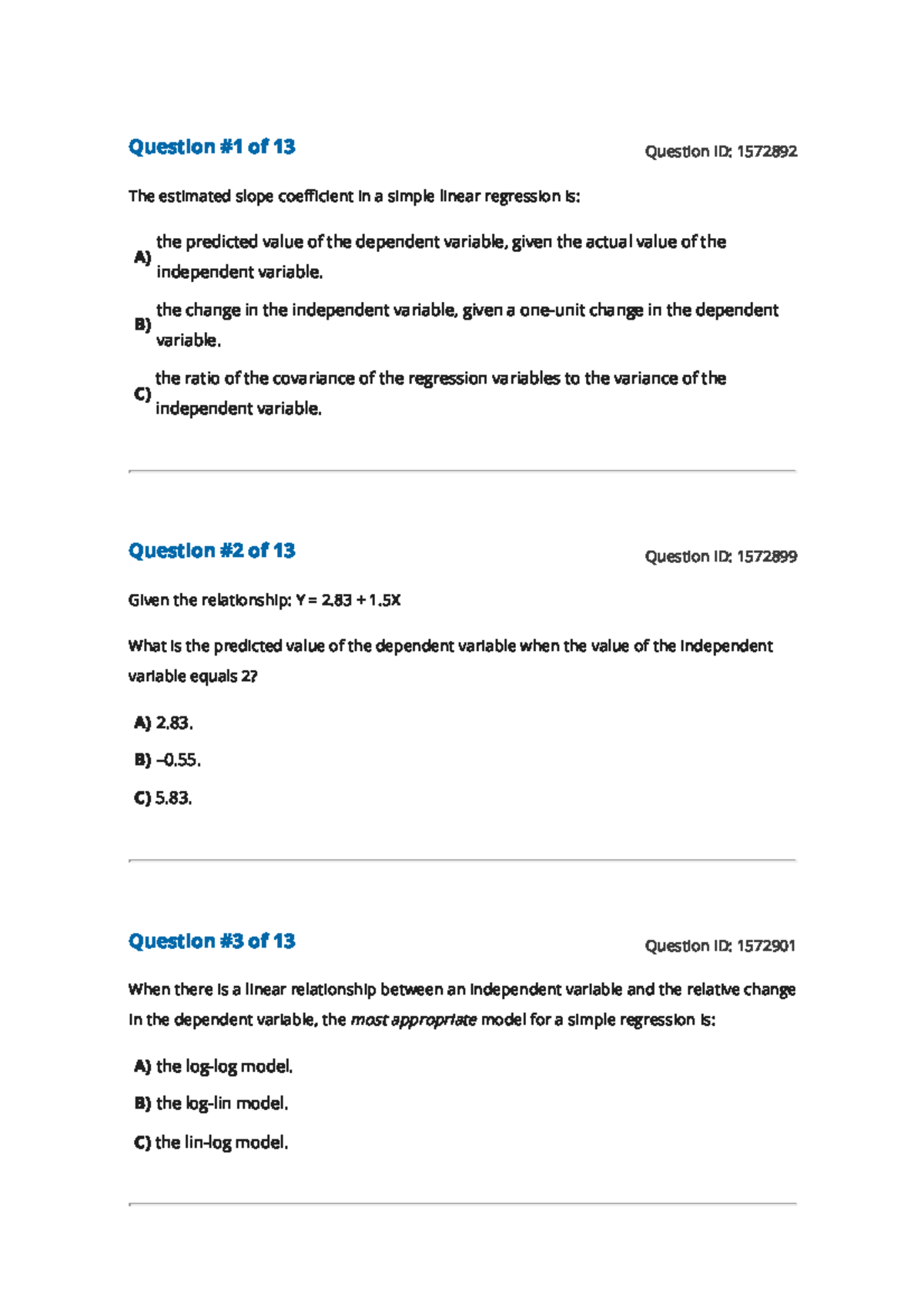Reading 10 Simple Linear Regression - Question #1 of 13 Question ID ...