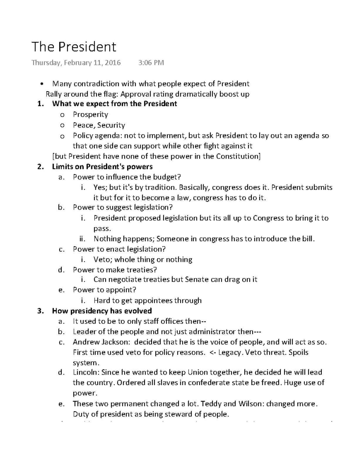 The President - Lecture notes 9 - The President Thursday, February 11 ...