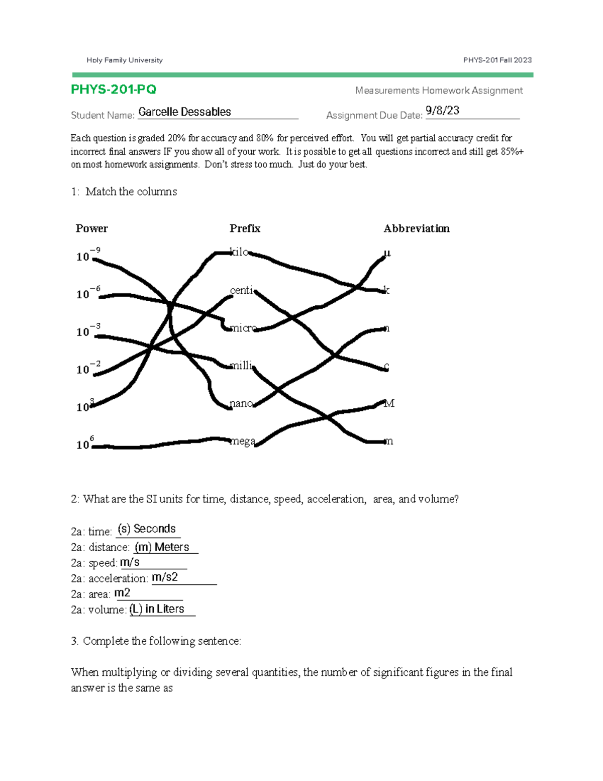 PHYS201 Homework Number 1 - Holy Family University PHYS-201 Fall 2023 ...