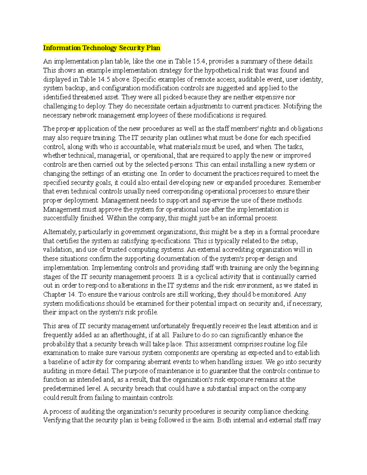 Information Technology Security Plan - This shows an example ...