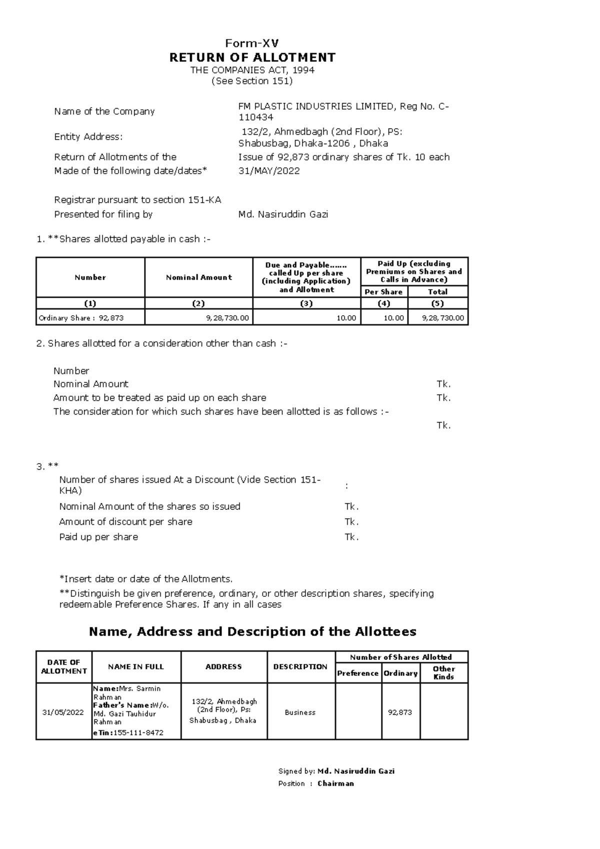 RJSC Form XV - just note - Form-XV RETURN OF ALLOTMENT THE COMPANIES ...