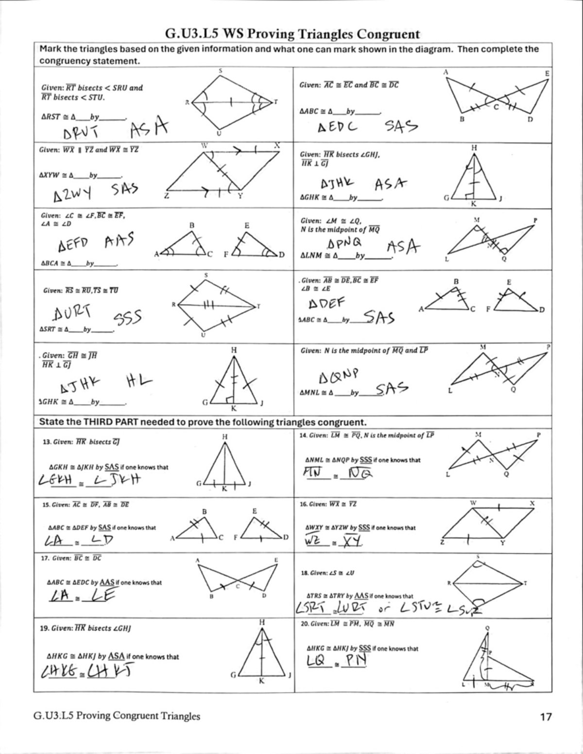G.U3.L5 WS KEY Proving Triangles Congruent - MATEMATICAS - Studocu