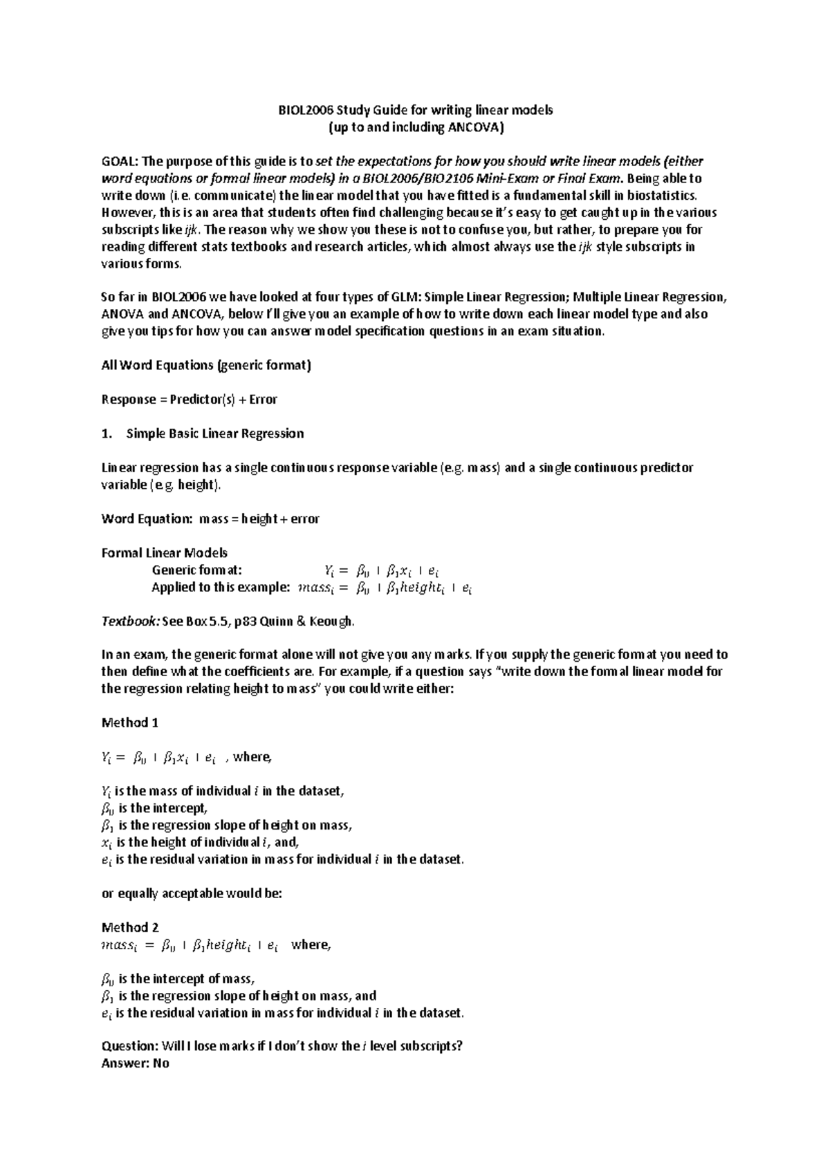 BIOL2006 Study Guide for writing linear models - Being able to write ...