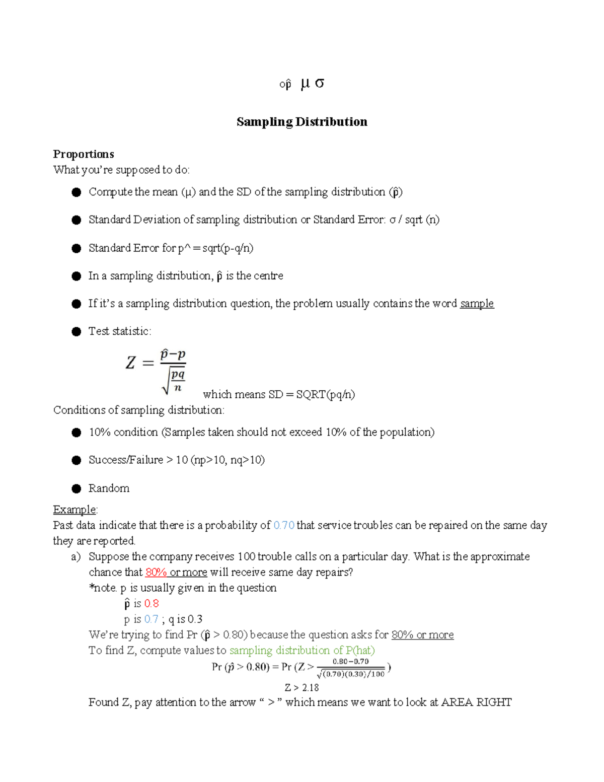 COMM191 Module 1-3 Cheatsheet - op̂ μ σ Sampling Distribution ...